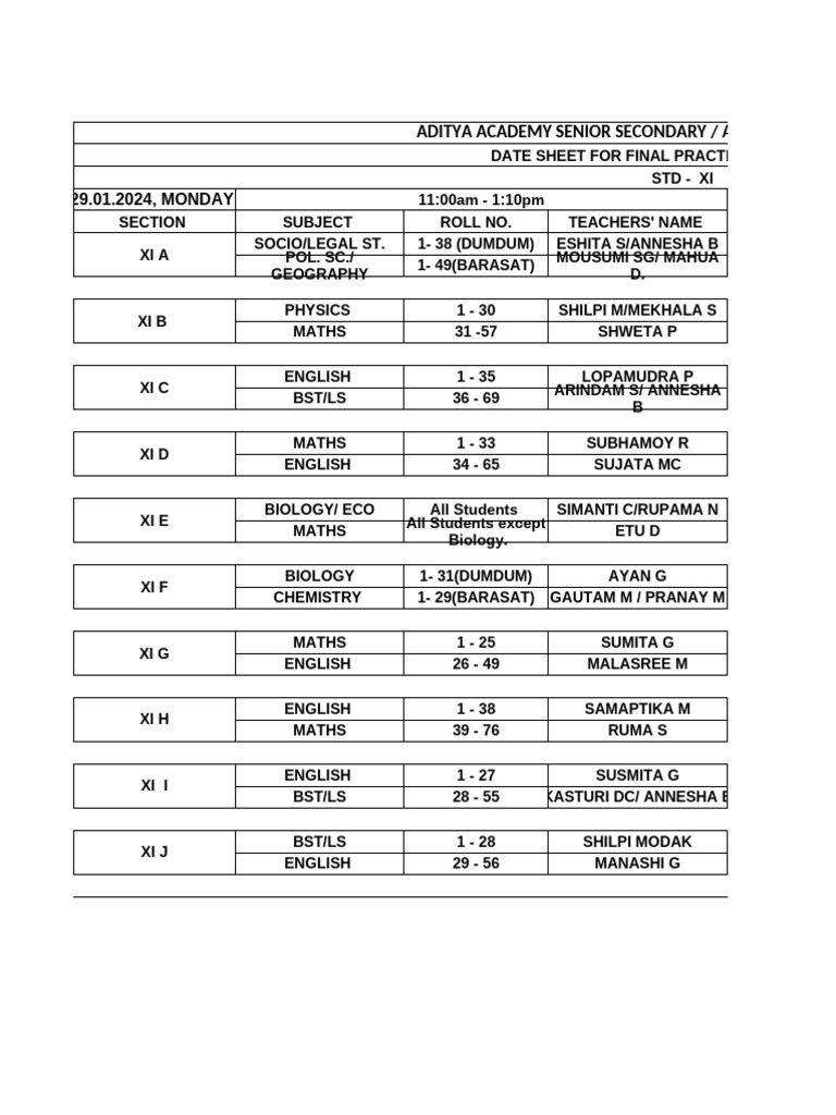 Class XI Practical Exam Schedule | PDF