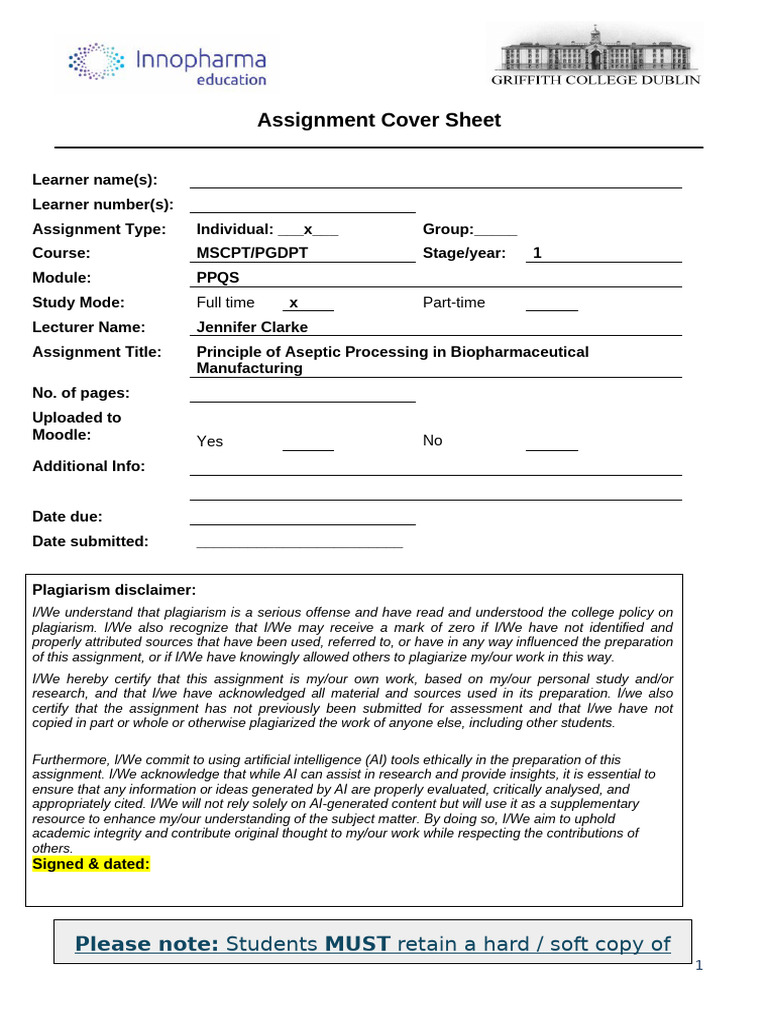 Aseptic Processing Assignment Cover Sheet | PDF | Career & Growth | Science & Mathematics