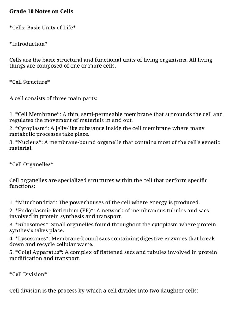 Grade 10 Notes On Cells | PDF | Cell (Biology) | Cytoplasm