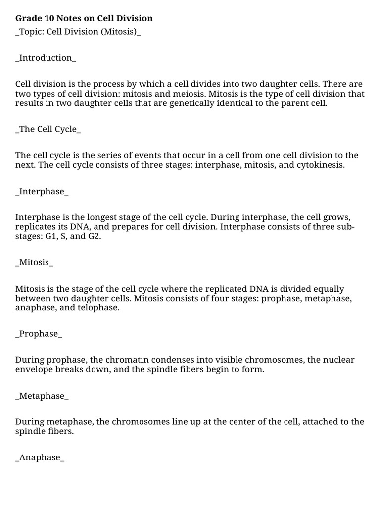 Grade 10 Mitosis Study Notes | PDF | Self-Improvement | Science ...