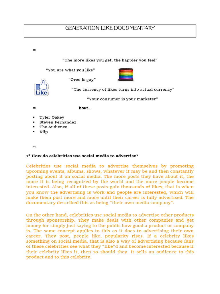 Generation Like Documentary CORRECTIF | PDF | Social Media | Popular Culture & Media Studies