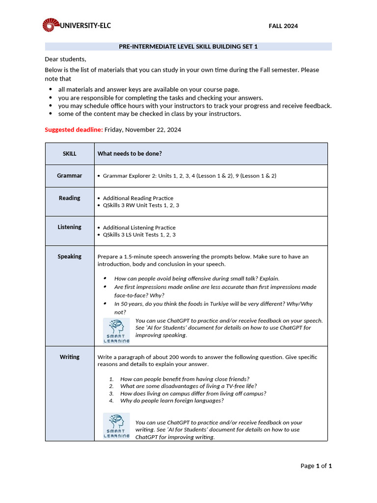 Fall 2024 Pre-Intermediate Skill Set | PDF | Cognition | Applied ...