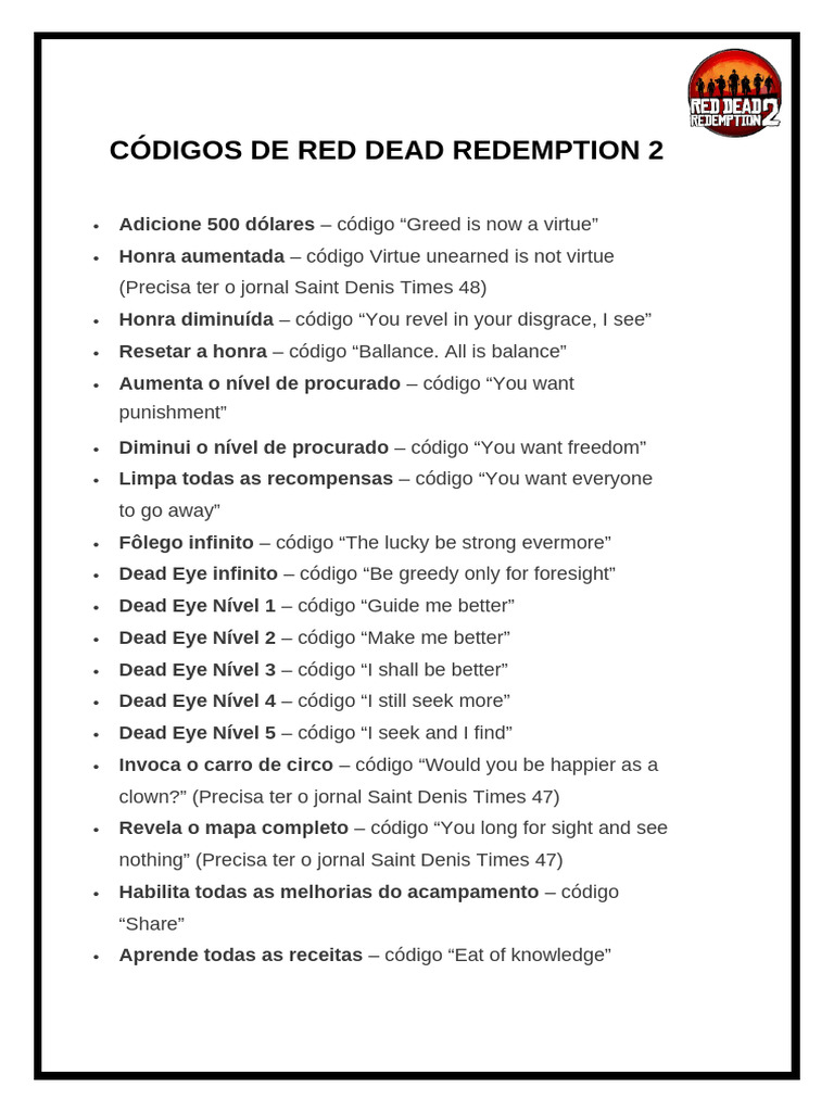 Códigos de Red Dead Redemption 1 | PDF