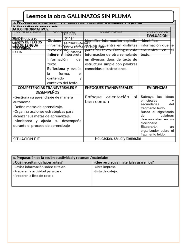 SESION DE PLAN LECTOR AGUA 6TO GRADO 20 de Junio GALLINAZOS SIN PLUMA | PDF | Aprendizaje ...