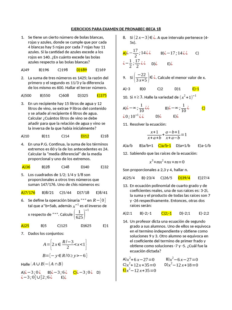 Ejercicios para Examen de Pronabec | PDF | Ecuaciones | Matemáticas