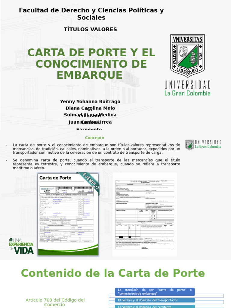Presentación CARTA DE PORTE Y EL CONOCIMIENTO DE EMBARQUE | PDF | Derecho