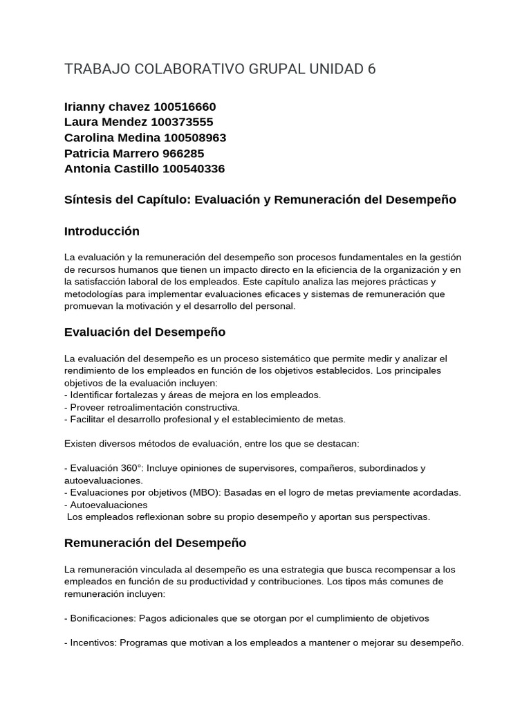 Trabajo Colaborativo Grupal Unidad 6 | PDF | Evaluación | Salario