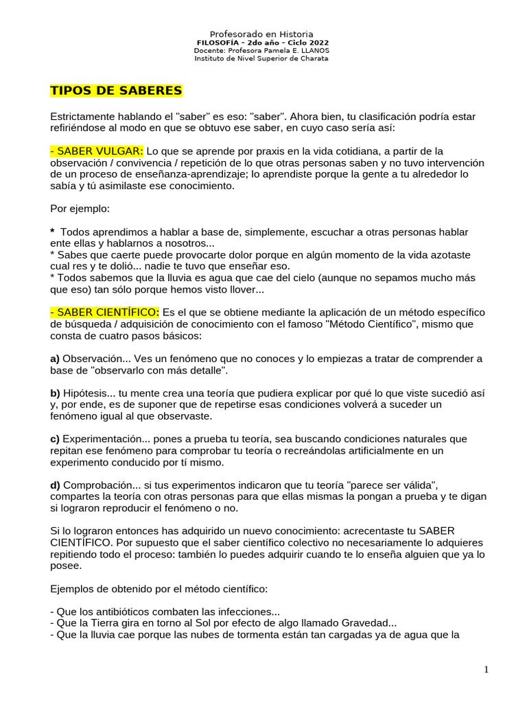 Tipos de Saberes Filosofía | PDF | Teoría | Método científico