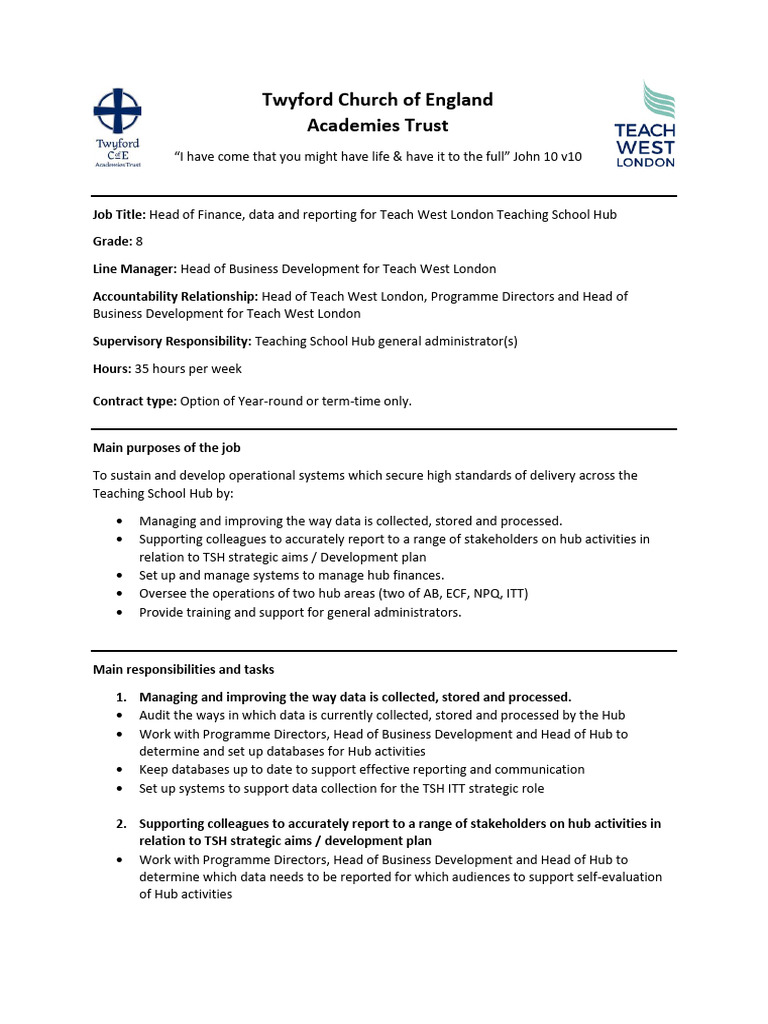 JD - TSH Head of Finance Data and Reporting Nov 2023 | PDF | Customer ...