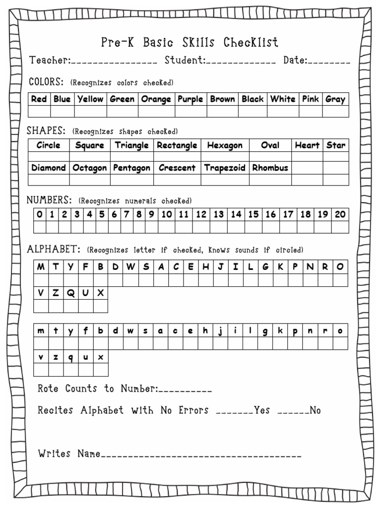 Pre-K Basic Skills Checklist: Teacher: - Student: - Date: - Colors | PDF