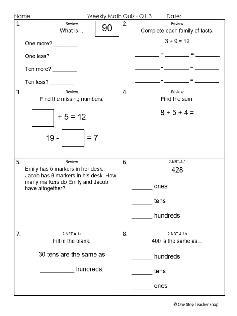 3 Weekly Quiz Q1 (Bundling 10s, 100, 200, Etc) | PDF