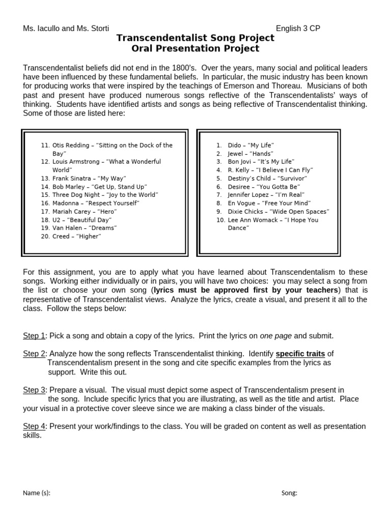 Transcendentalist Song Project and Rubric | PDF | Transcendentalism