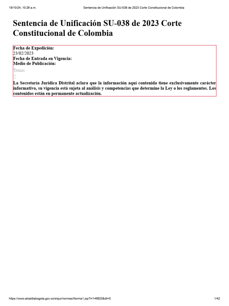 Sentencia de Unificación SU-038 de 2023 Corte Constitucional de Colombia | PDF | Caso de ley ...