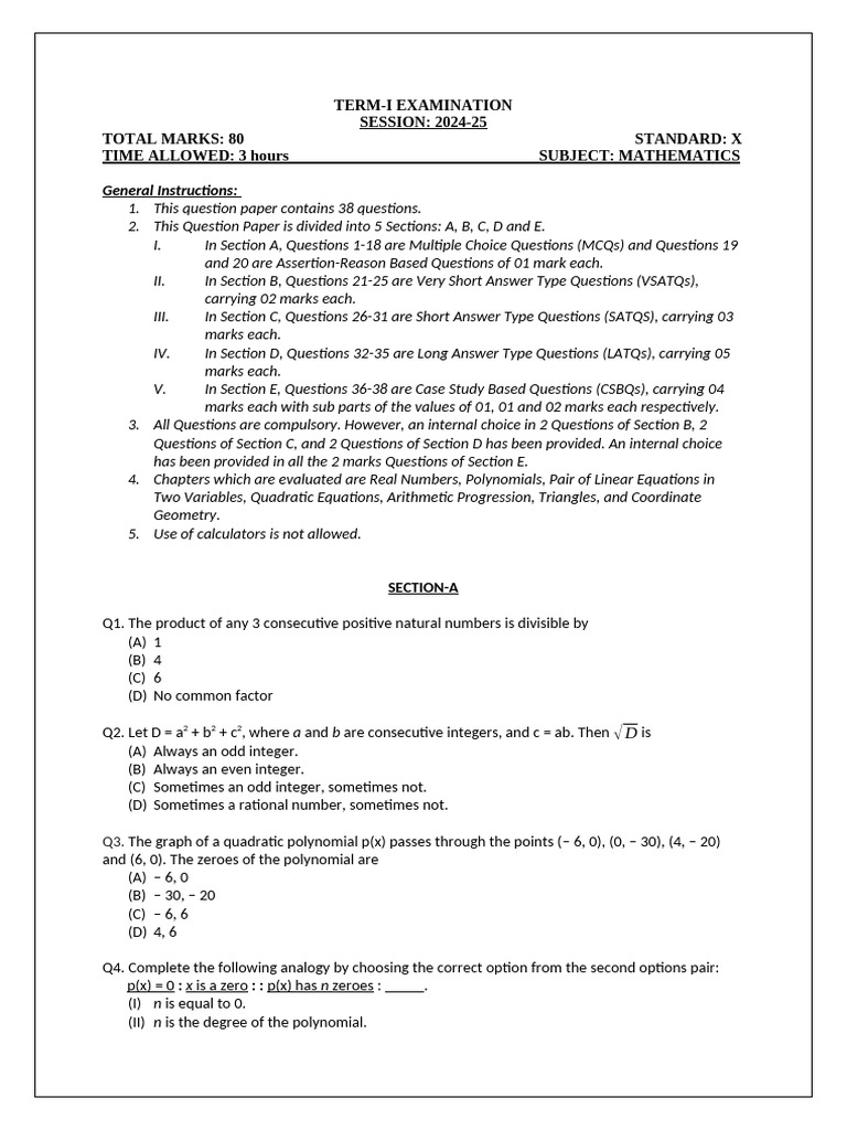 TERM-I EXAMINATION MATHEMATICS X | PDF | Polynomial | Zero Of A Function