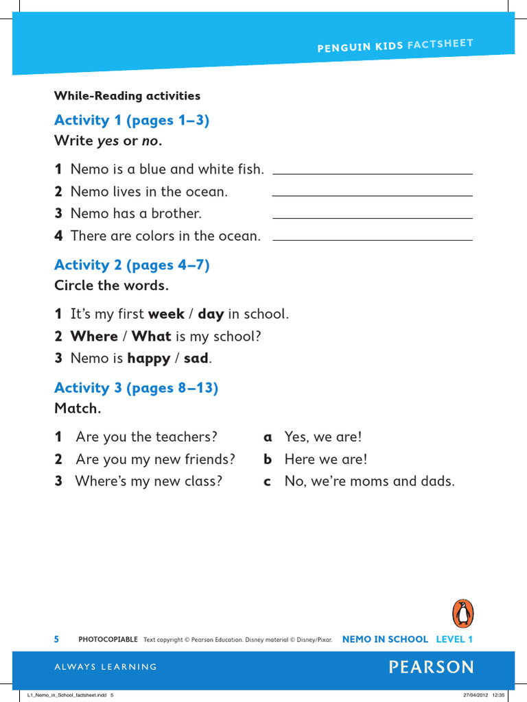 Nemo Worksheets | PDF | The Walt Disney Company | Pixar