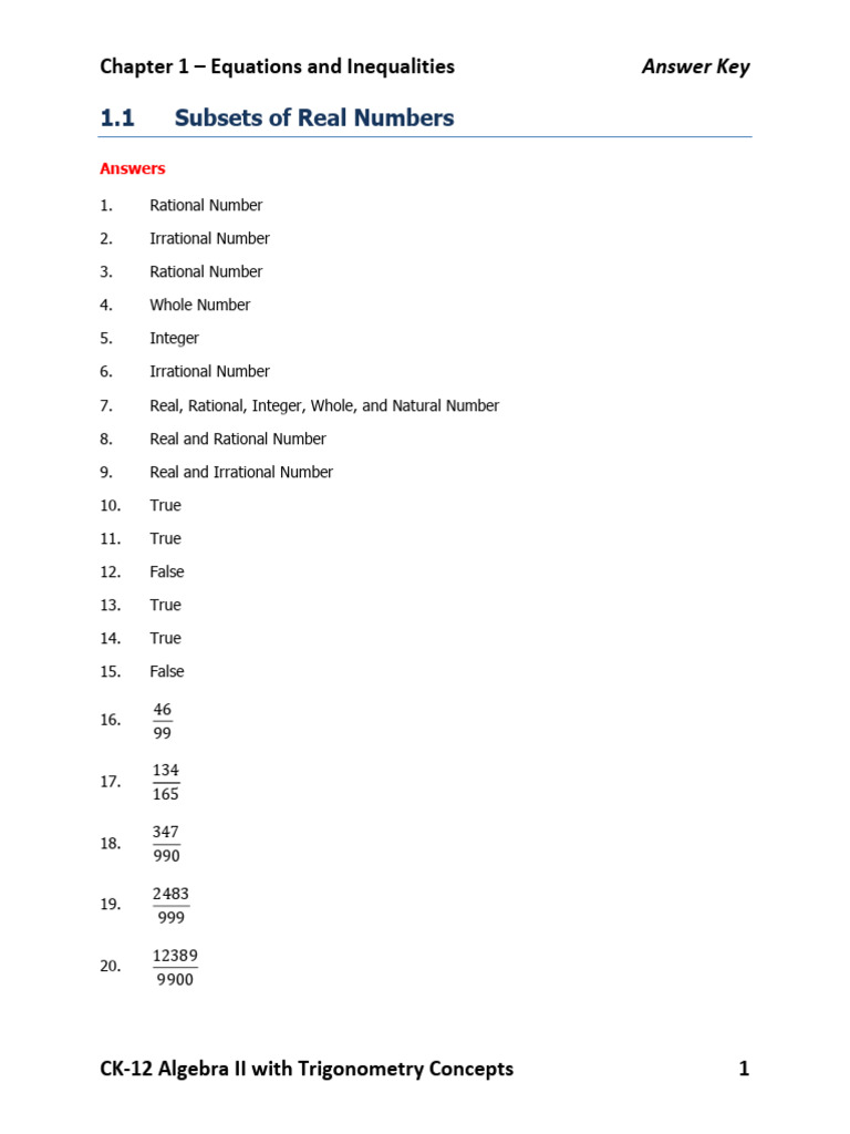 Algebra II Chapter 1 Answer Key | PDF | Real Number | Algebra