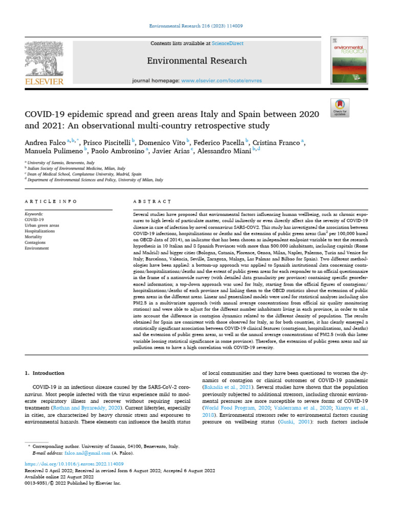 COVID-19 Epidemic Spread and Green Areas | PDF | Regression Analysis