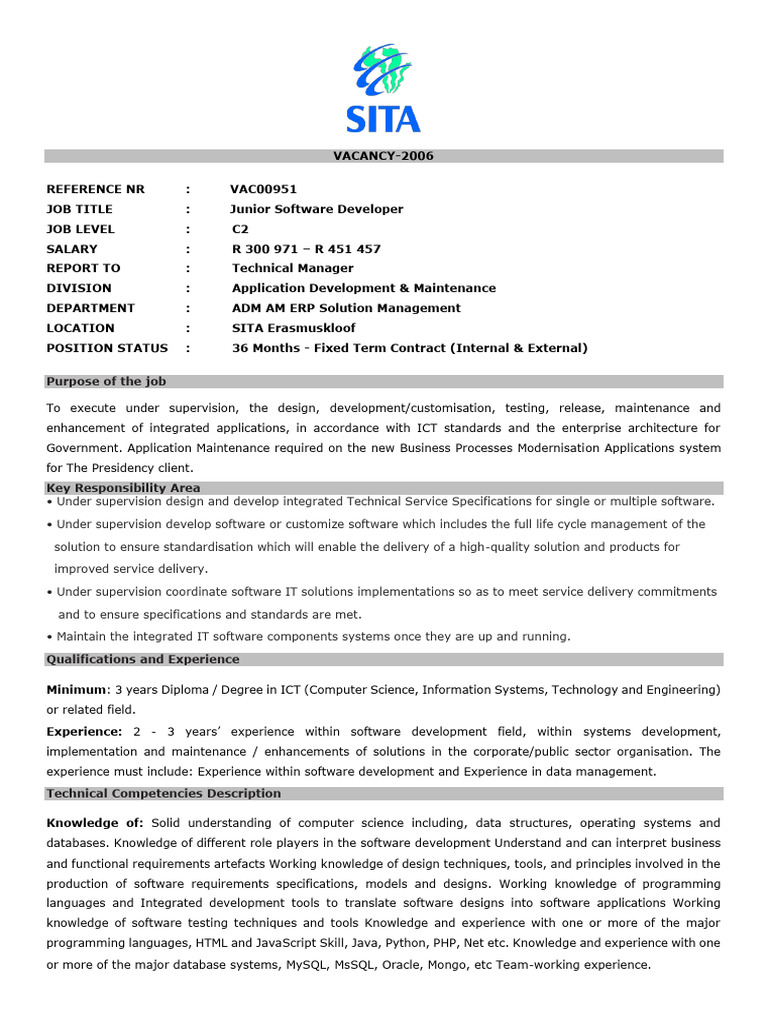 Junior Software Developer VAC00951 | PDF | Software | Specification ...