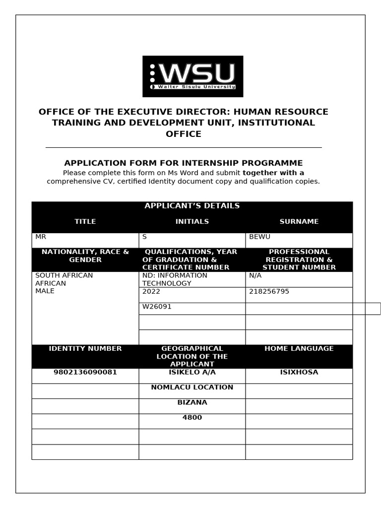 WSU Application Form For Internship Programme | PDF | Business