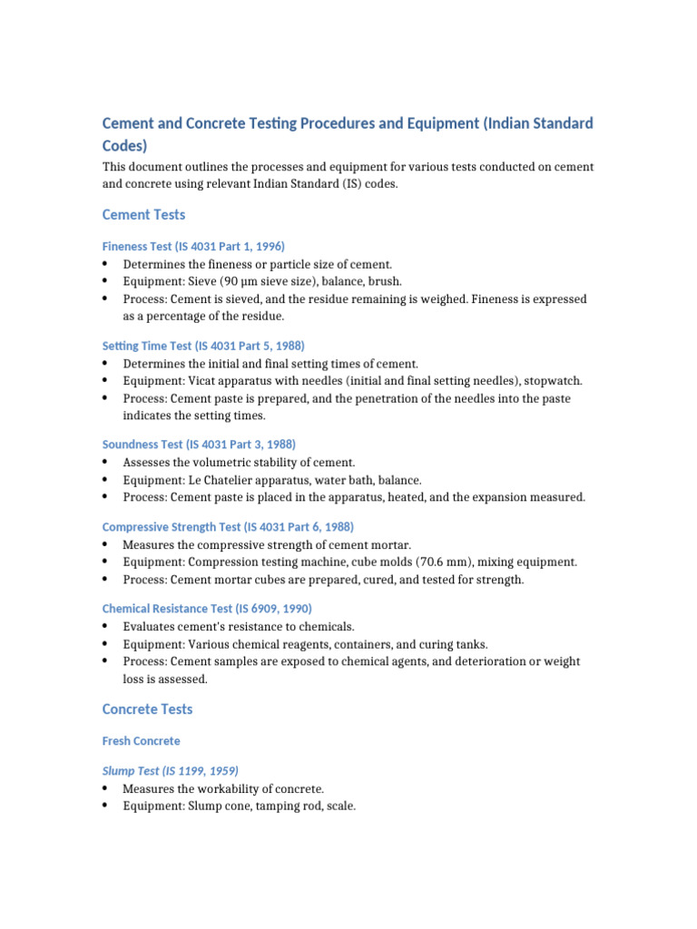 Cement and Concrete Testing Codes | PDF | Concrete | Strength Of Materials