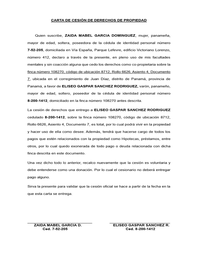 Carta de Cesión de Derechos de Propiedad | PDF