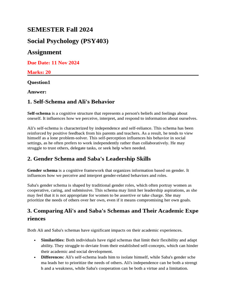 Fall 2024 - PSY403 - Social Psychology - 1 | PDF | Schema (Psychology ...