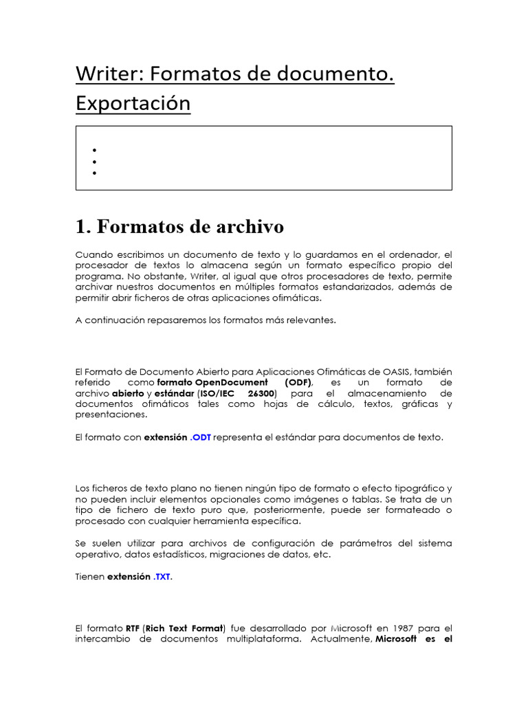 Writer. Formatos de Documento. Exportación | PDF | HTML | Microsoft Word