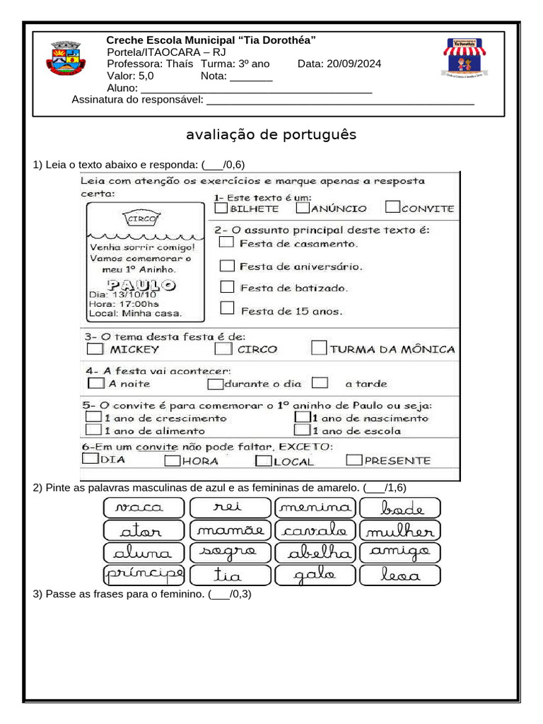 Avaliação de Português 3º Bimestre | PDF