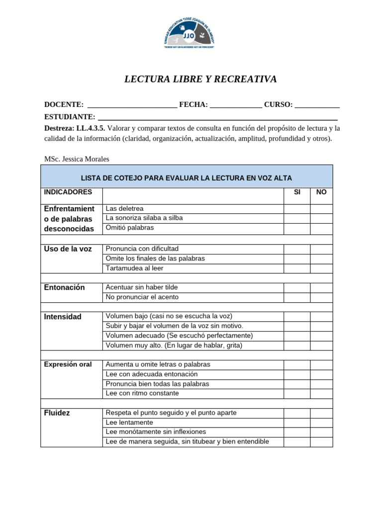 9° Lista de Cotejo - Lectura Libre y Recreativa | PDF