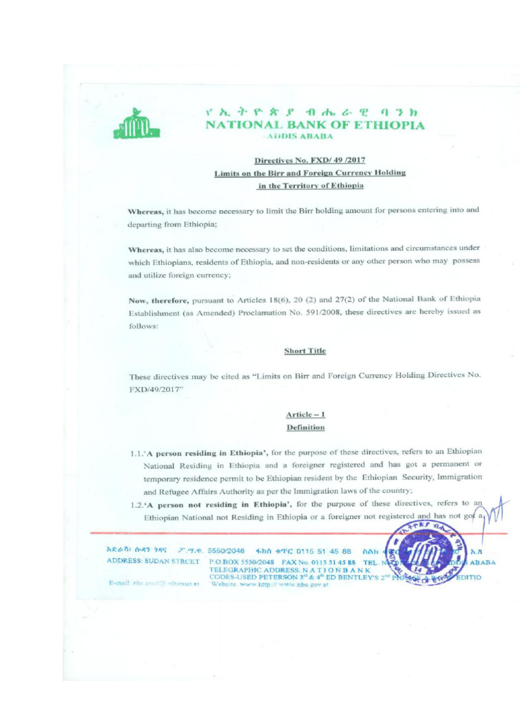 Directive No. FXD - 49 - 2017 - Limits of Birr Holding | PDF