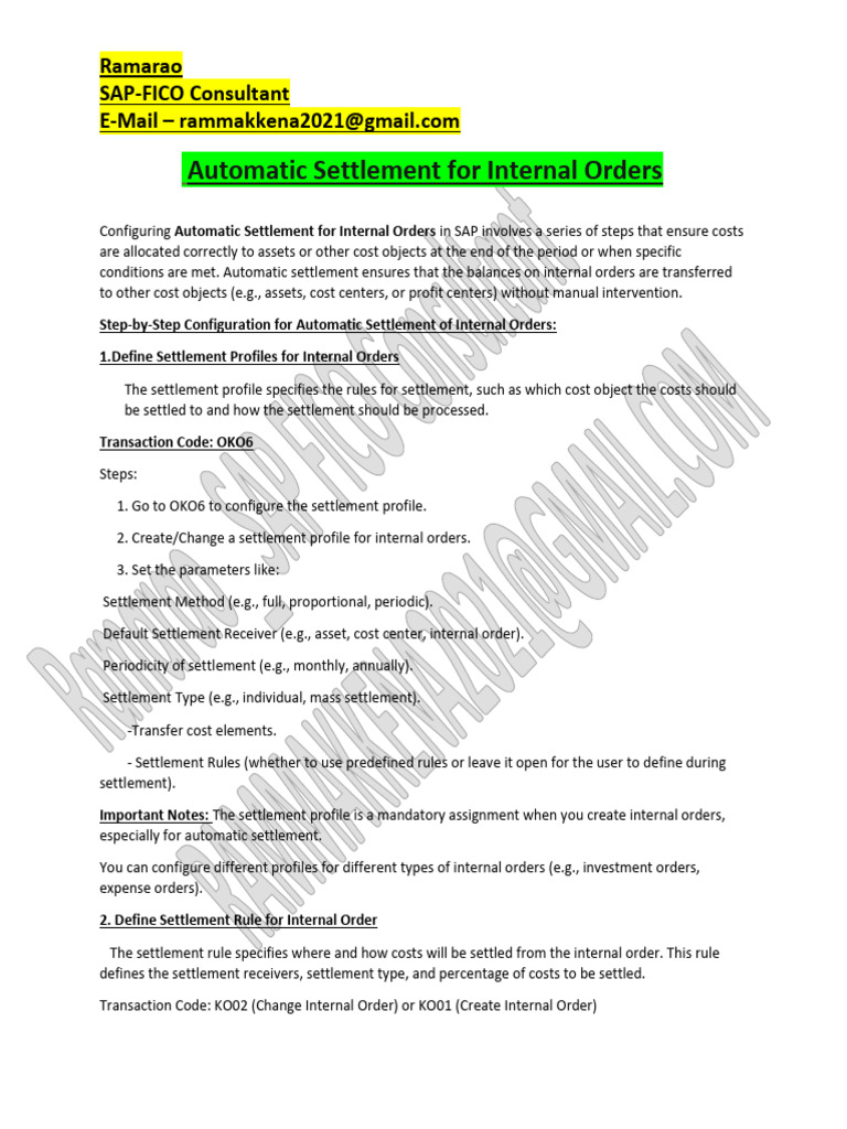 Automatic Settlement for Internal Order | PDF | Debits And Credits | Computing