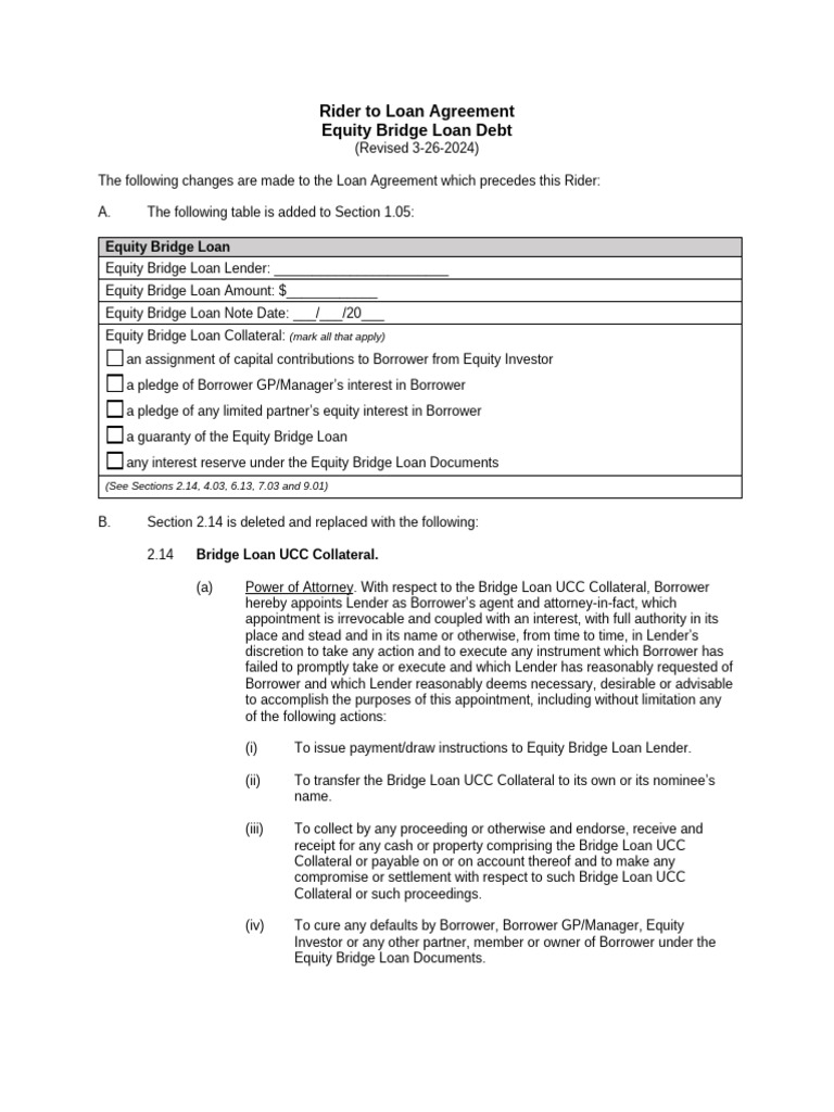 Equity Bridge Loan Debt Rider To Loan Agreement | PDF | Loans ...