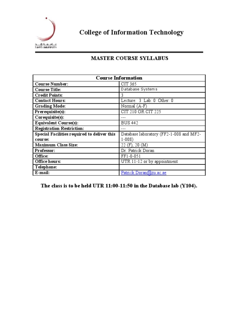CIT 365 Syllabus FALL 2011 | PDF | Databases | Sql