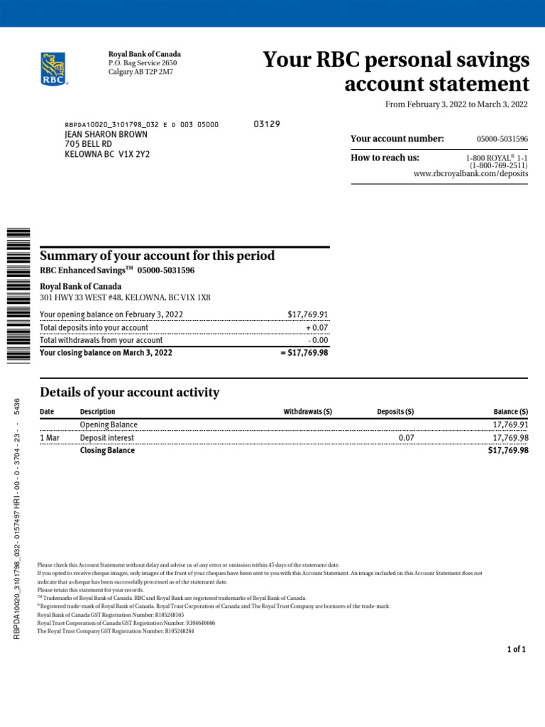 Your RBC Personal Savings Account Statement | PDF | Banks | Systemic Risk
