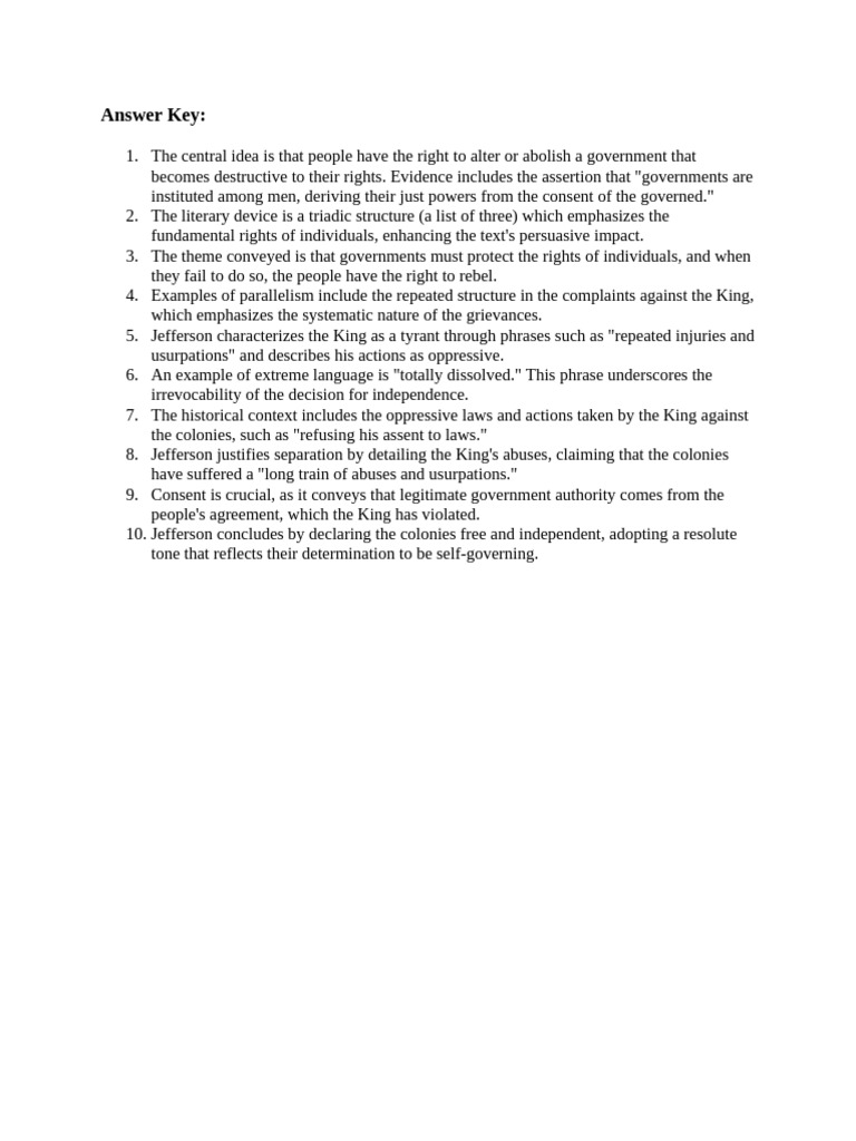 Declaration of Independence Answer Key | PDF