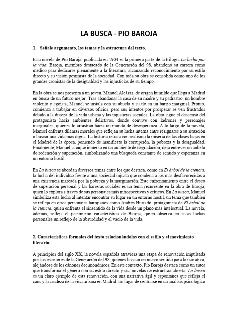 La Busca - Pio Baroja: 1. Señale Argumento, Los Temas y La Estructura ...