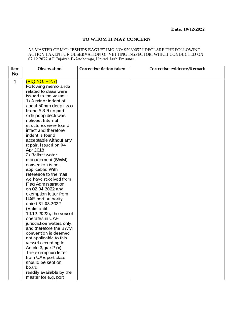 Sire Inspection Closing Report | PDF | Shipping | Water Transport