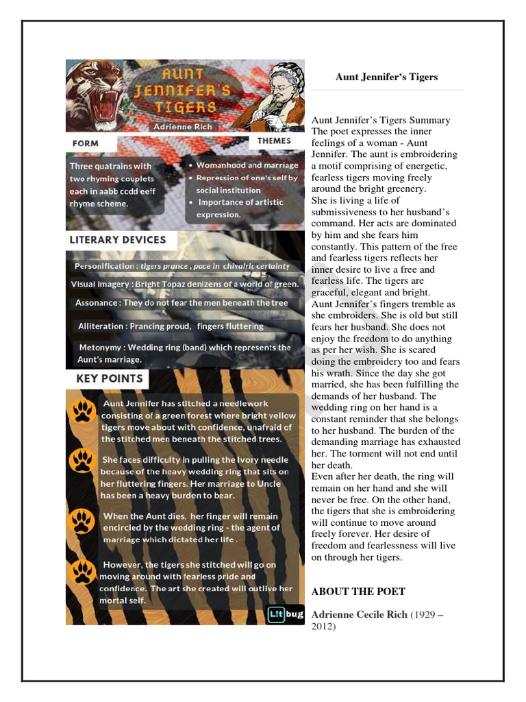 Aunt Jennifer's Tigers: A Poem Analysis | PDF | Embroidery