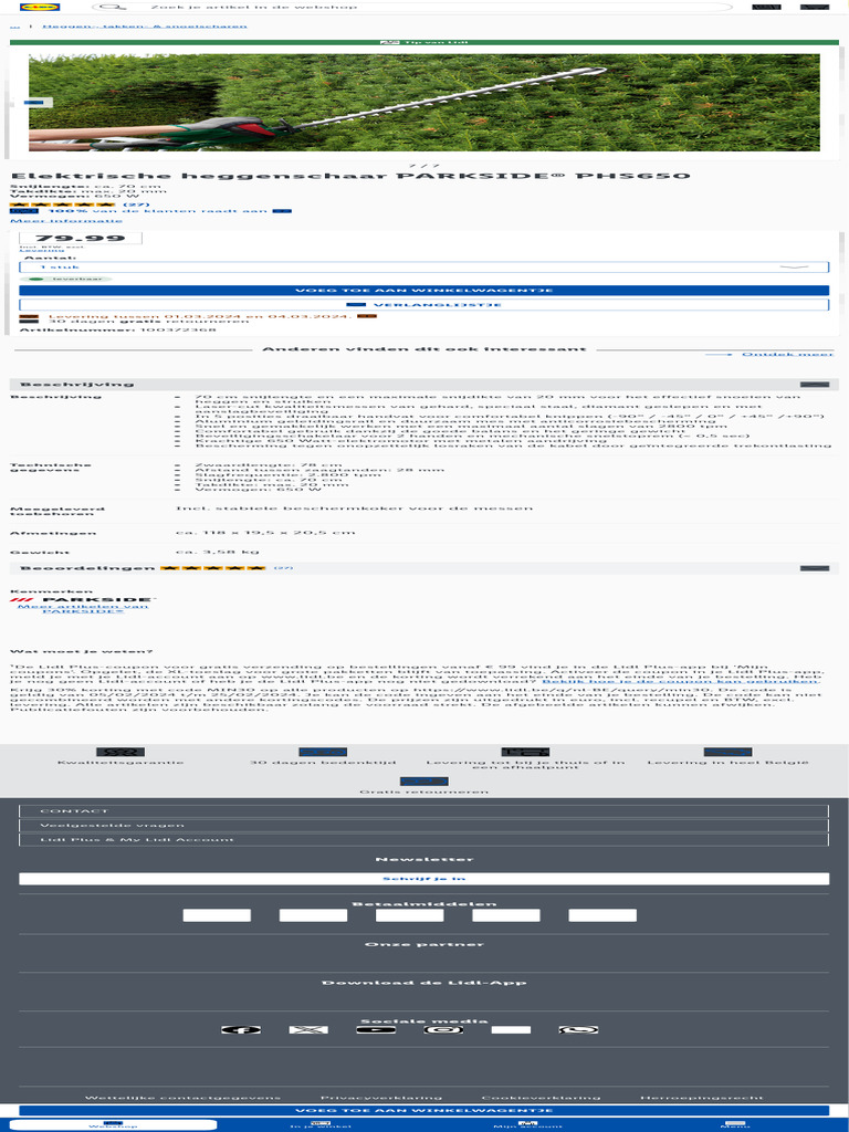 Elektrische Heggenschaar PARKSIDE® PHS650 Lidl - Be | PDF