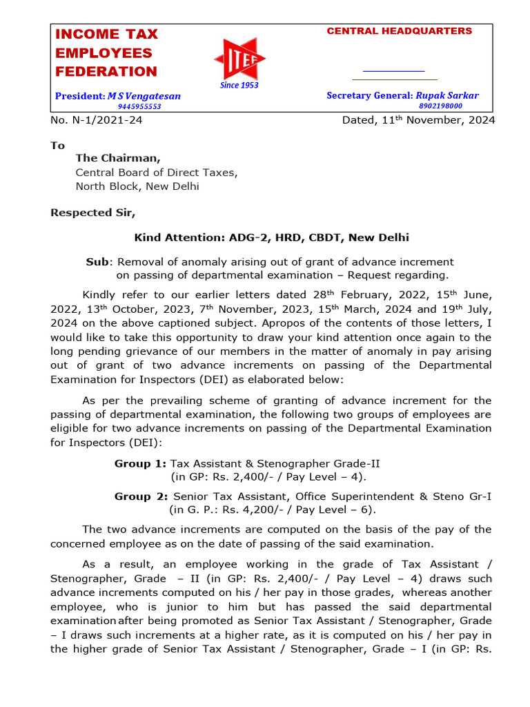 Letter To The Chairman On Advance Increment Dated 11th November, 2024 ...