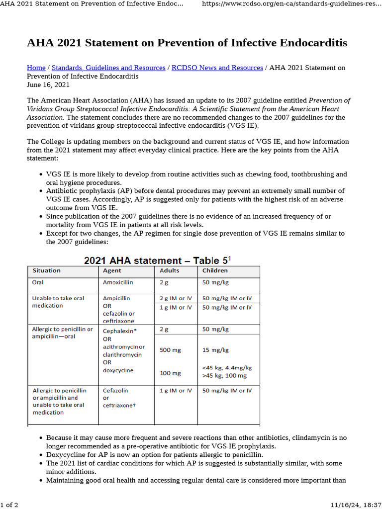AHA 2021 Statement On Prevention of Infective Endocarditis | PDF ...