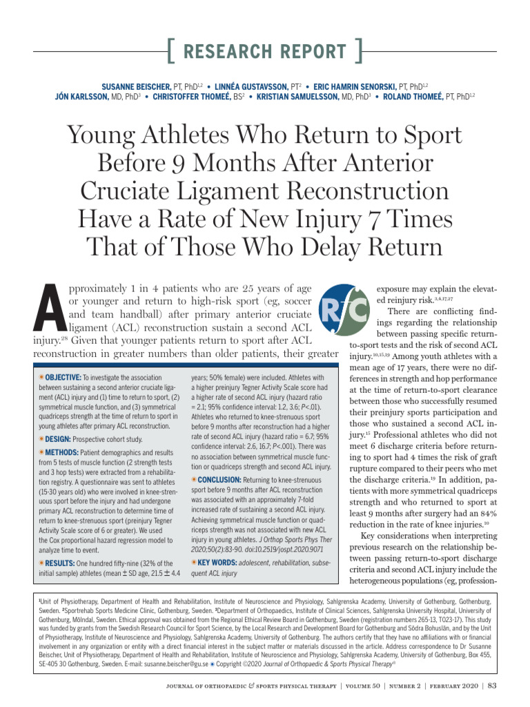 Beischer Et Al 2020 Young Athletes Who Return To Sport Before 9 Months ...