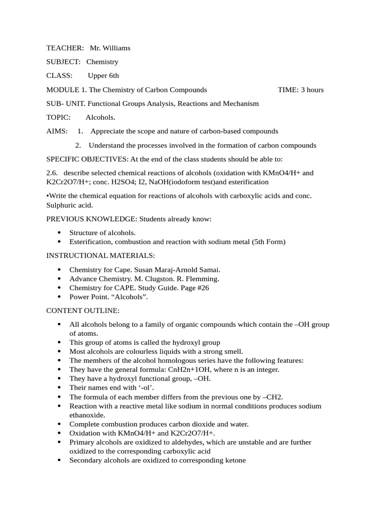Week 5 Sixth Form Alcohols | PDF | Ester | Chemical Reactions