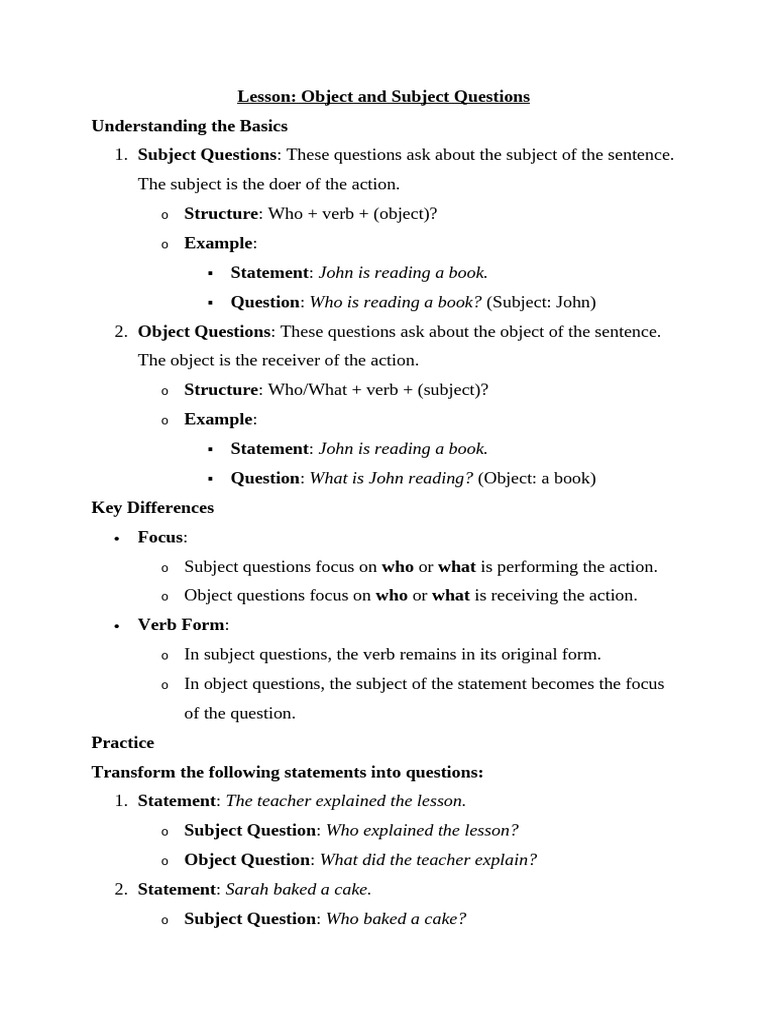 Subj Obj Questions | PDF | Subject (Grammar) | Question
