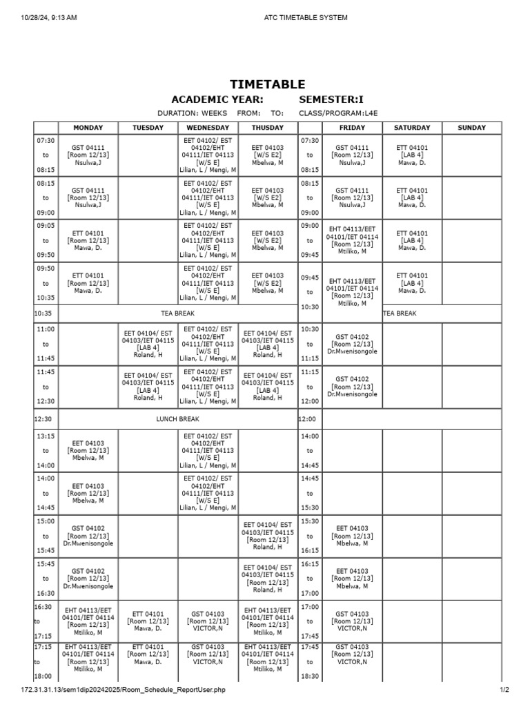 Class Time Table Pdf