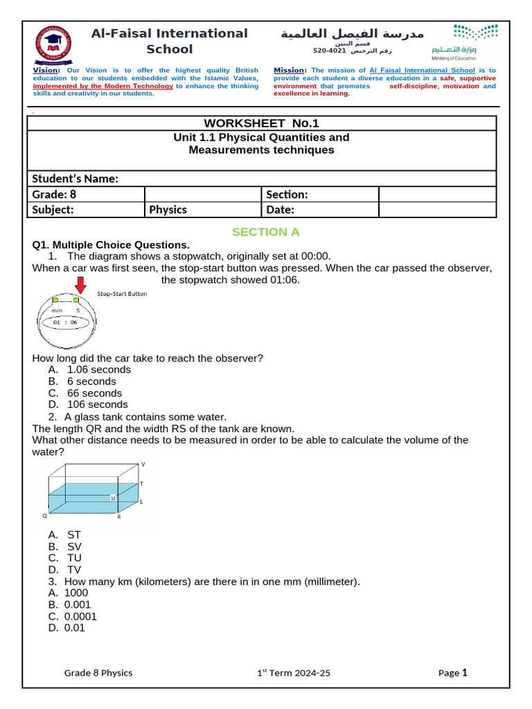 WS1 PHY U1 1 MEAs T1 G8 24-25 | PDF | Volume | Surface Tension