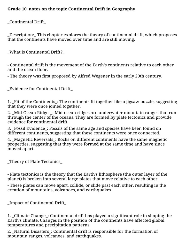 Grade 10 Notes On Continental Drift in Geography | PDF | Social Science ...