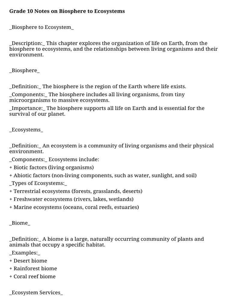 Grade 10 Notes Biosphere To Ecosystem | PDF