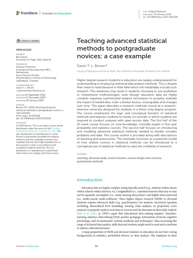 Teaching Advanced Statistical Methods To Postgraduate Novices A Case ...