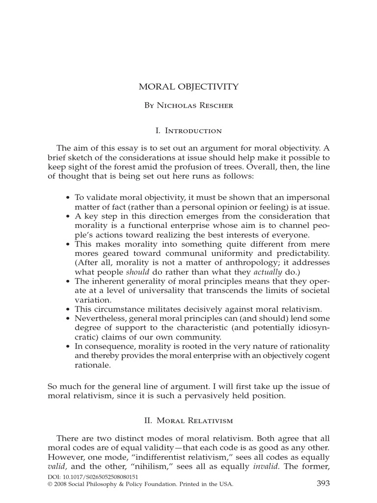 Rescher - Moral Objectivity | PDF | Morality | Relativism